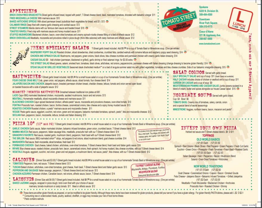 Menu at Tomato Street North Division pizzeria, Spokane, N Division St