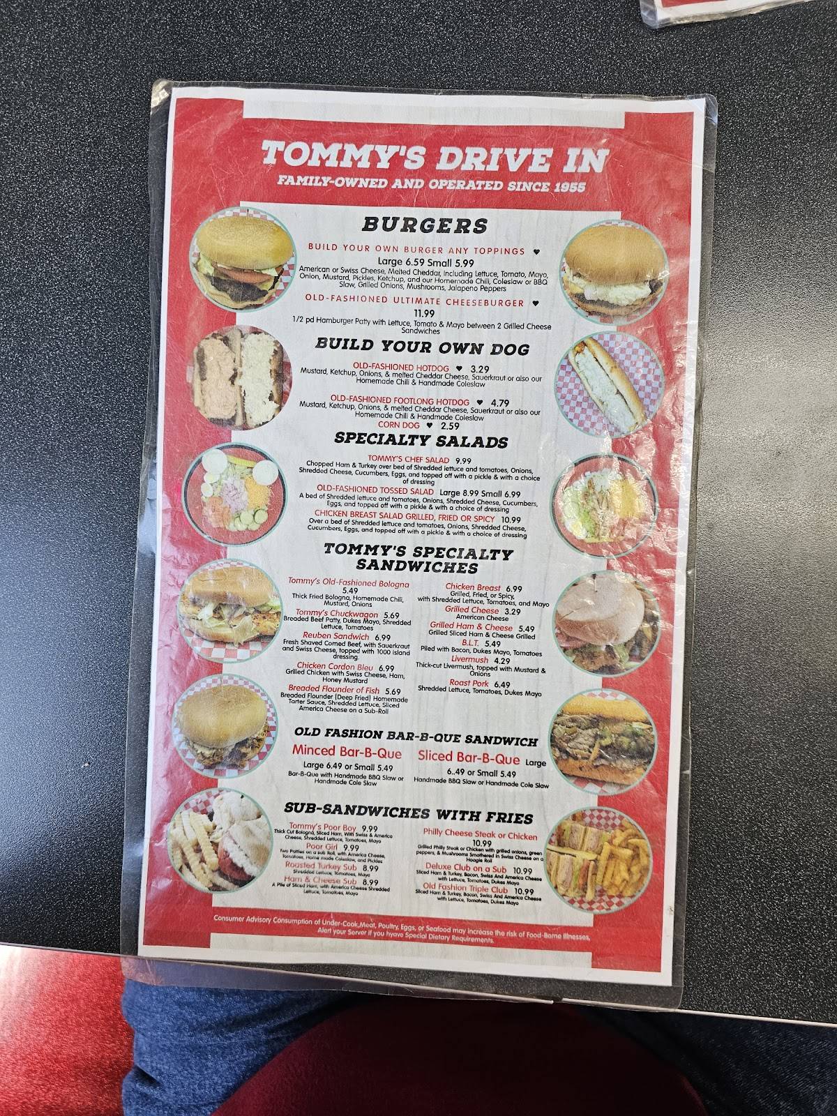 Menu at Tommy's Drive-In restaurant, Dallas, Gastonia Dallas Hwy