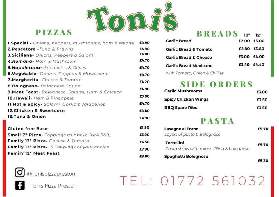 Menu at Toni's fast food, Preston