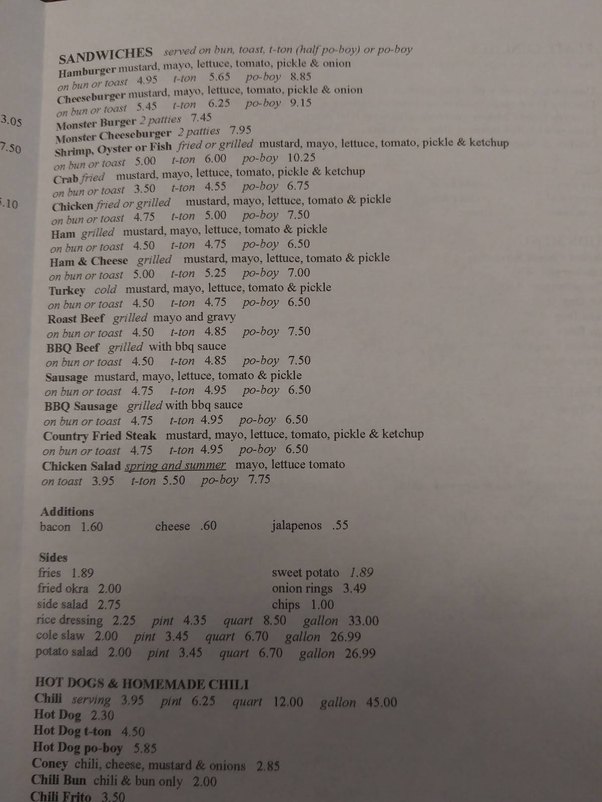 Menu at Ton's Drive In restaurant, Broussard