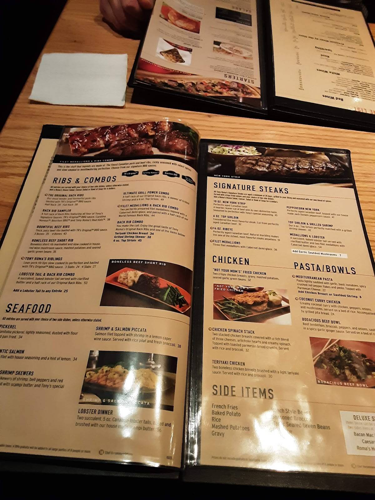 Menu at Tony Roma's restaurant, Winnipeg, 656 St James St