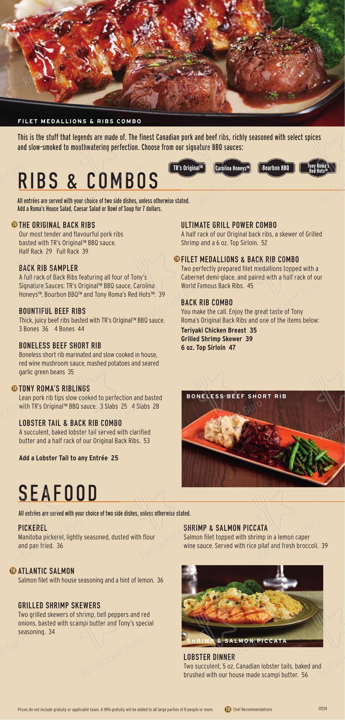 Menu at Tony Roma's restaurant, Winnipeg, 656 St James St