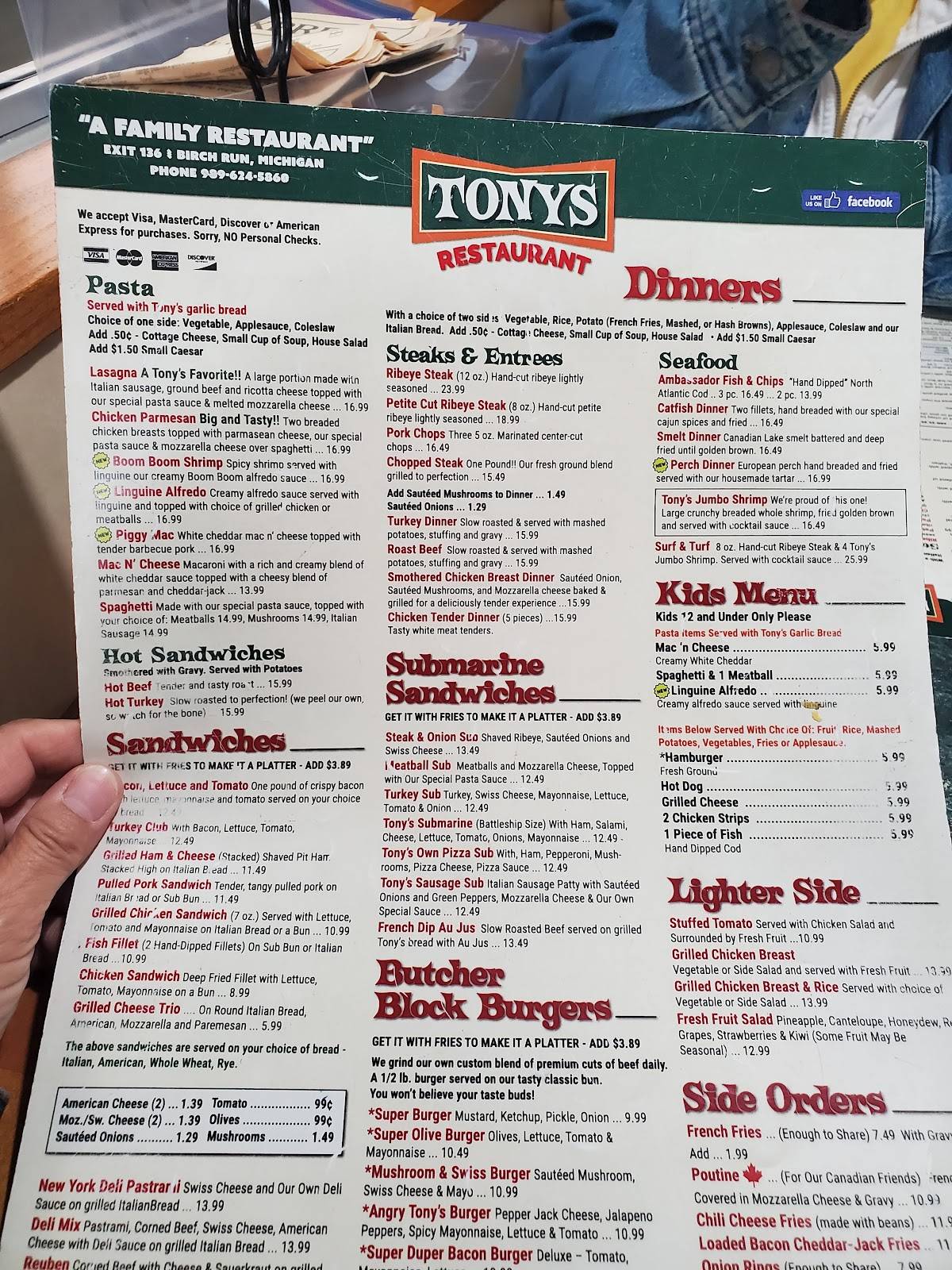 Menu at Tony's I75 Restaurant, Birch Run