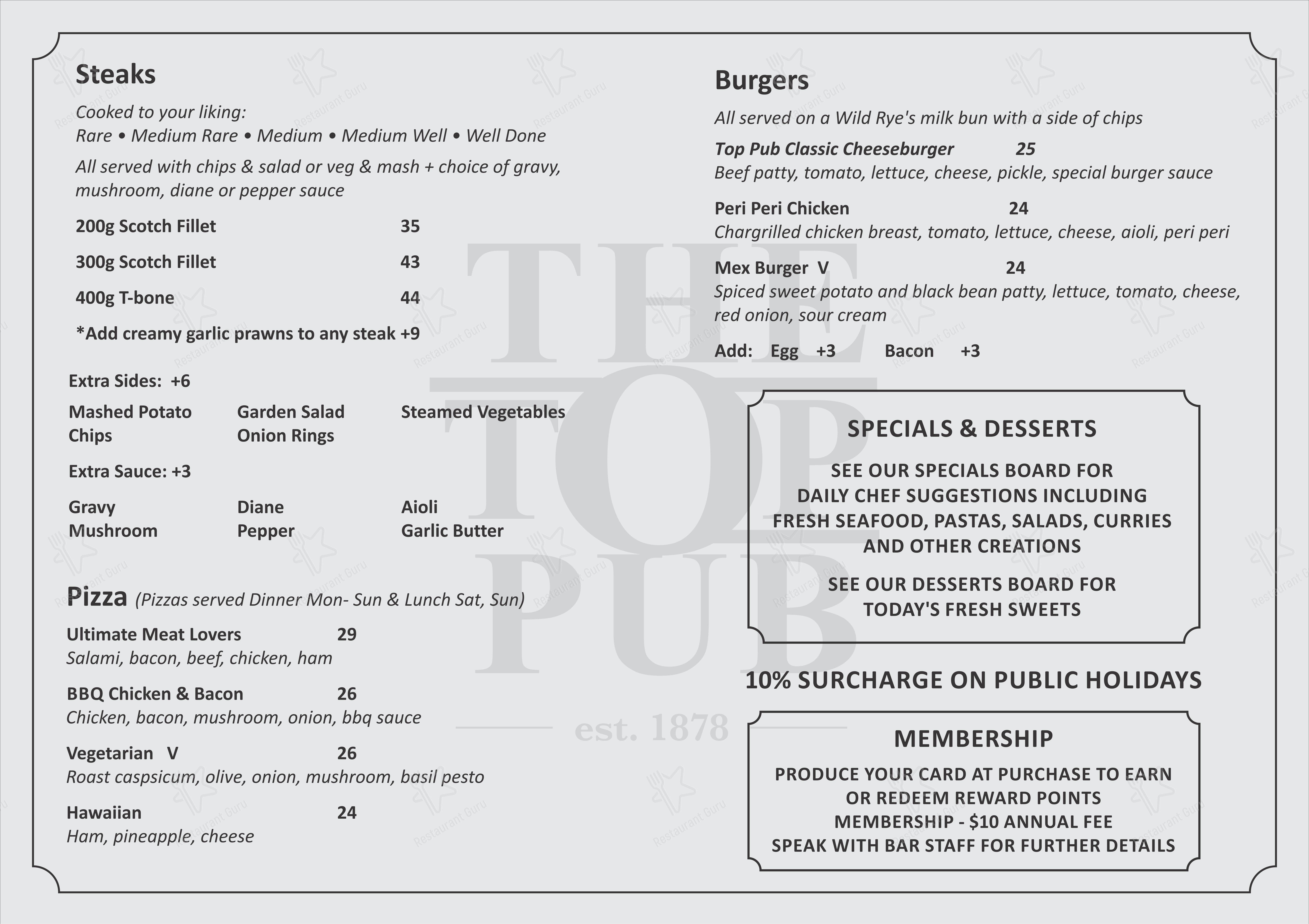 Menu at Top Pub Commercial Hotel, Pambula