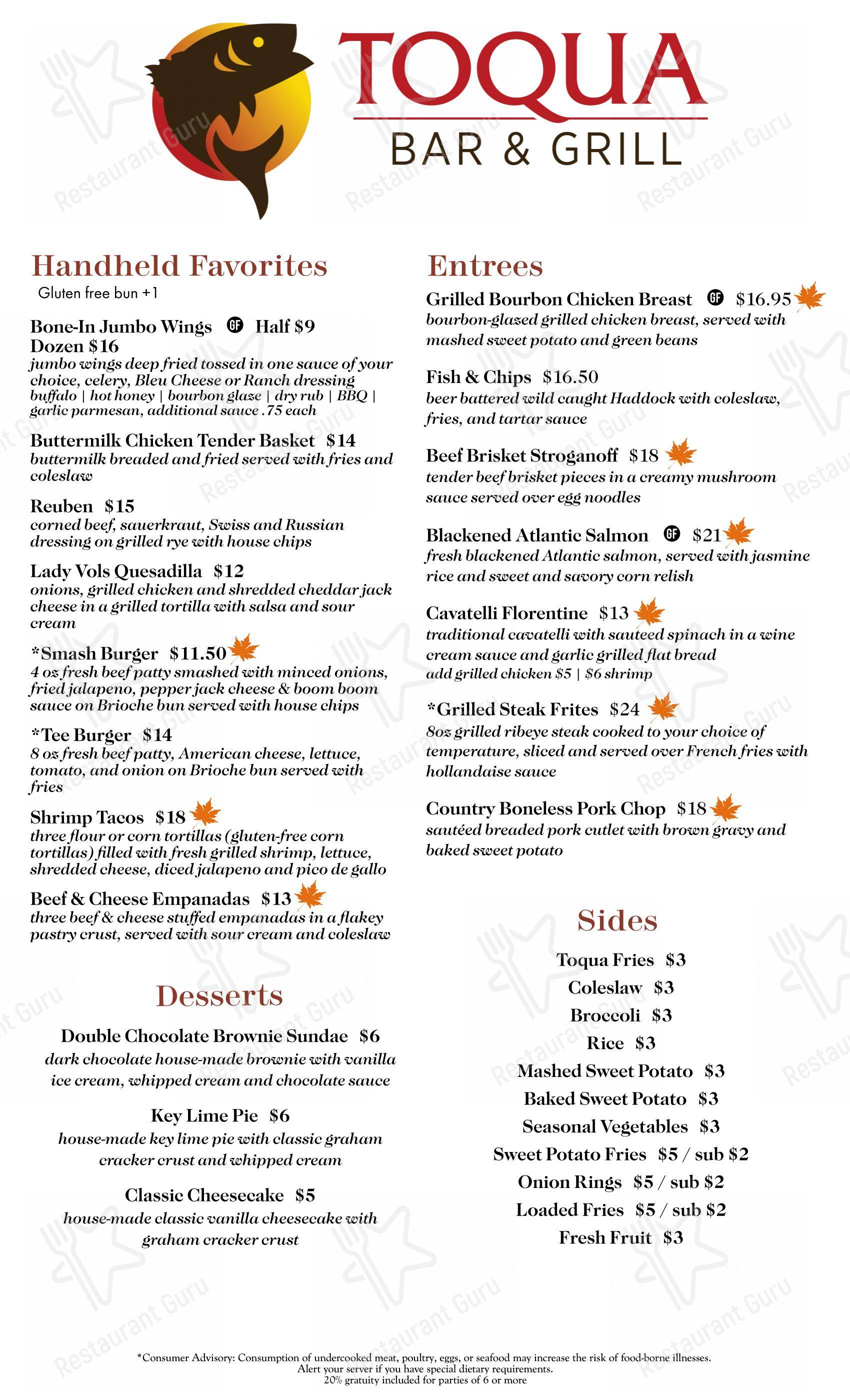 Menu at Toqua Bar & Grill, Loudon, 200 Toqua Club Way #2334