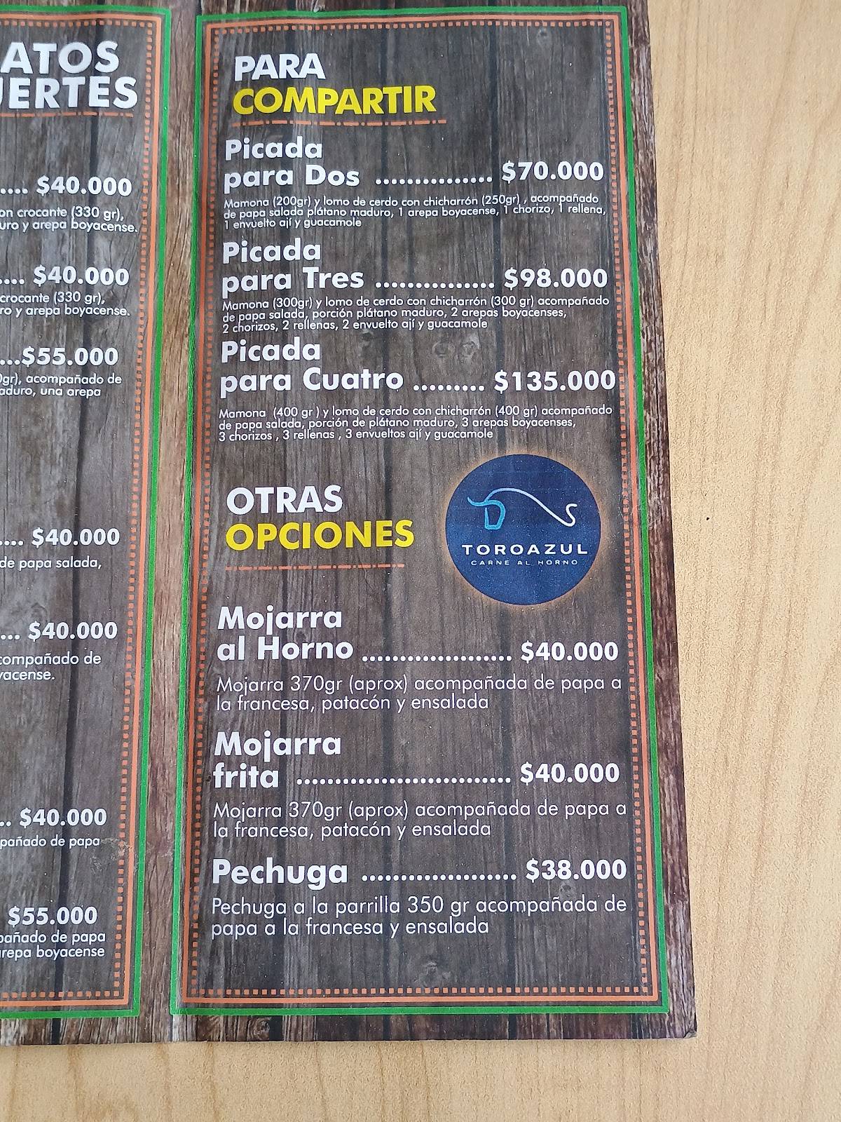 Carta del restaurante Toro Azul, Bogotá, Cra. 24 #70a-63