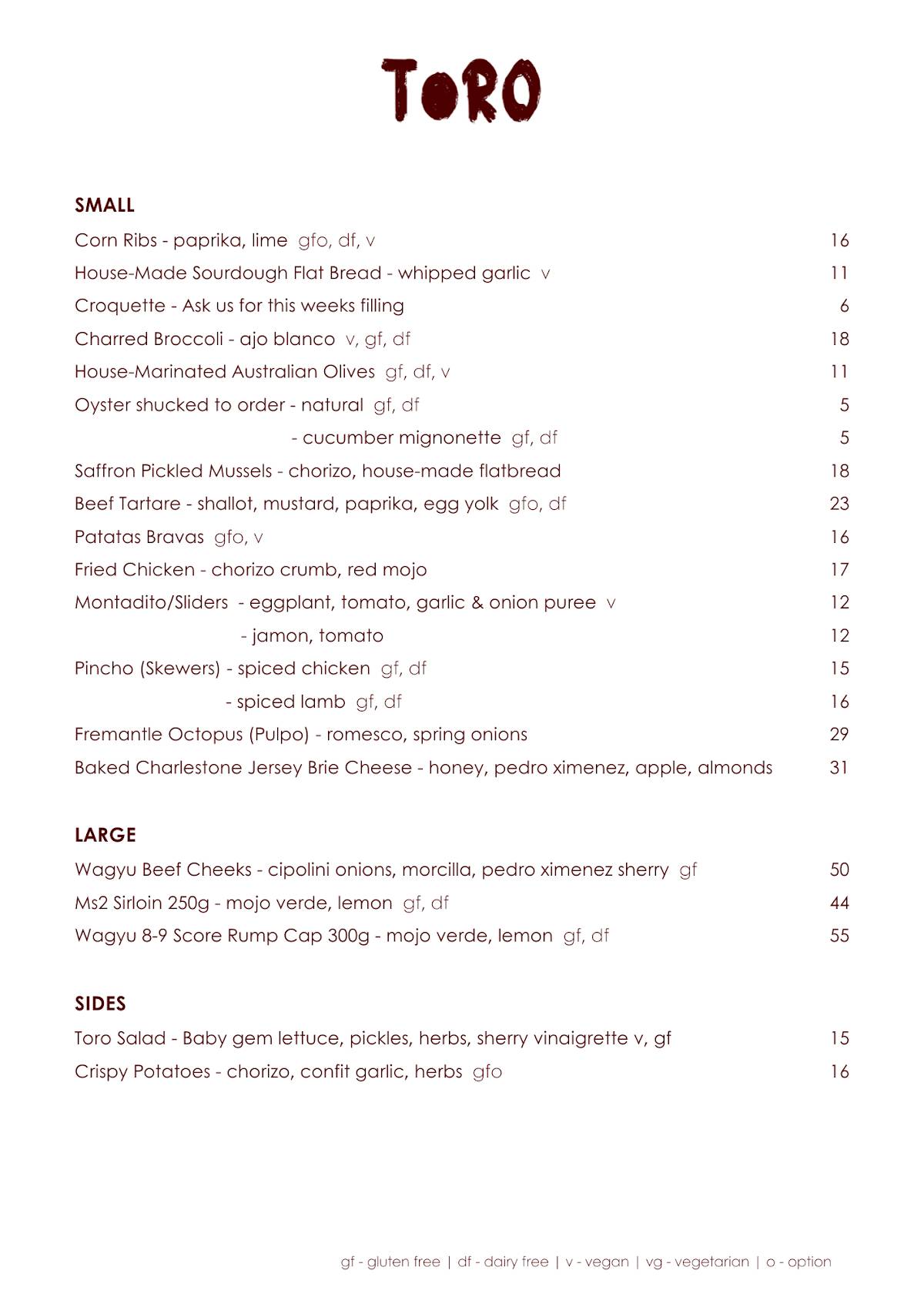 Menu at Toro Bar & Kitchen, Maroochydore