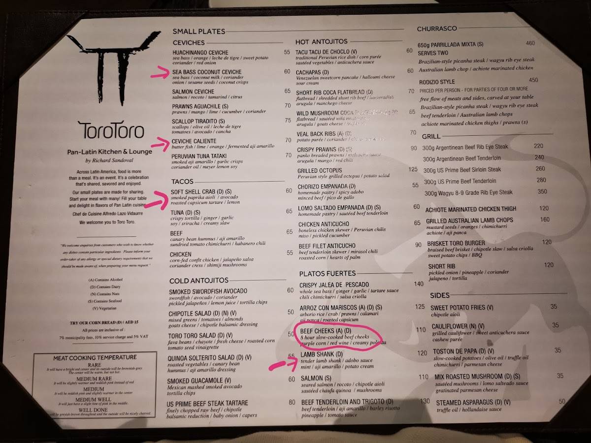Menu at Toro Toro by Chef Richard Sandoval restaurant, Dubai