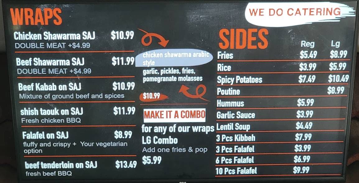 Menu au Alpha’s Shawarma BBQ, Toronto