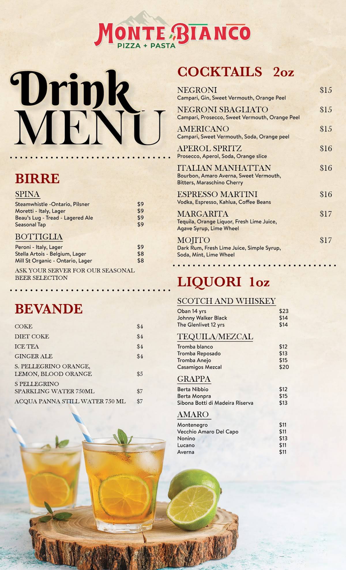 Menu au Monte Bianco Italian Cuisine and Pizzeria, Toronto