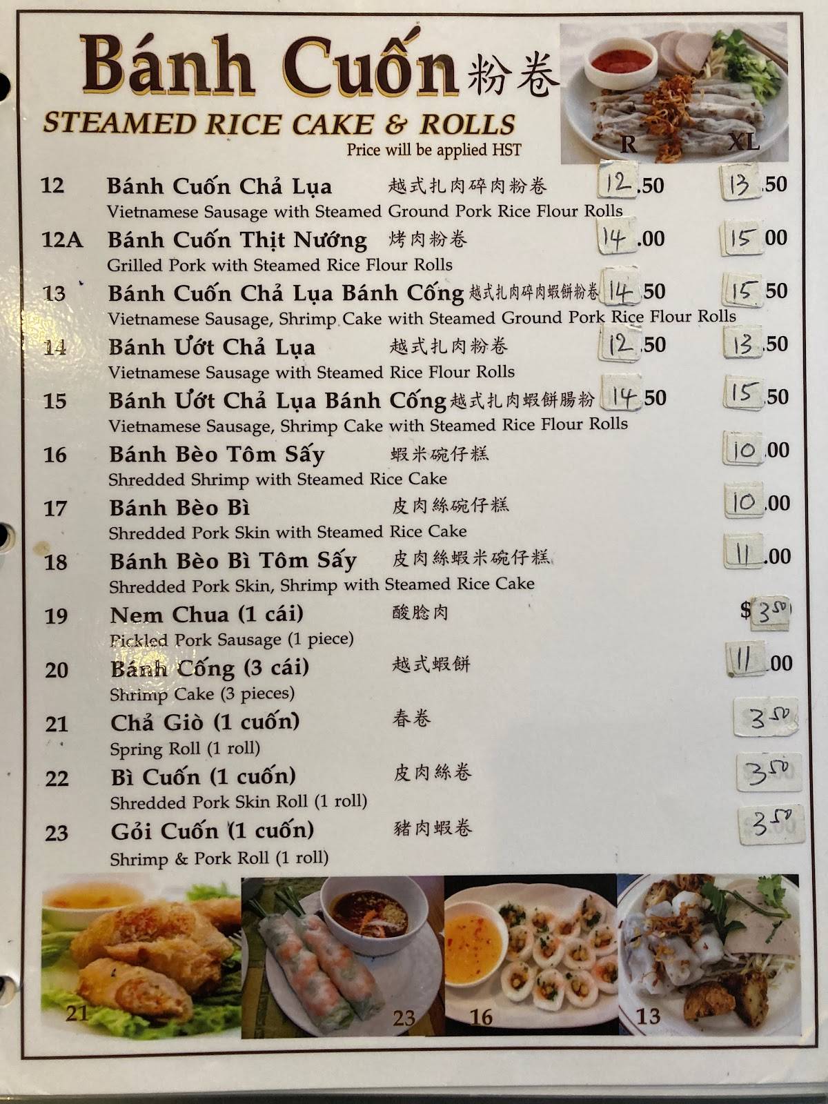 Menu at Pho Linh restaurant, Toronto, College St