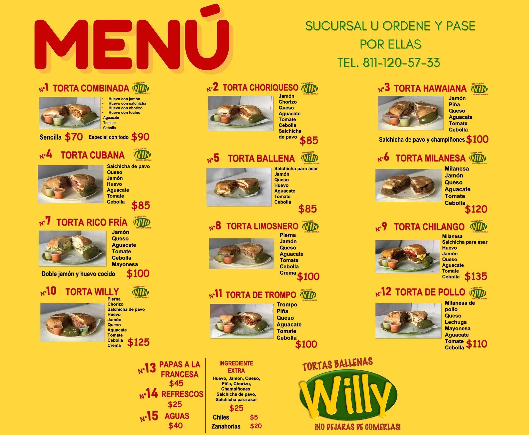 Carta del restaurante Tortas Ballenas Willy, Monterrey