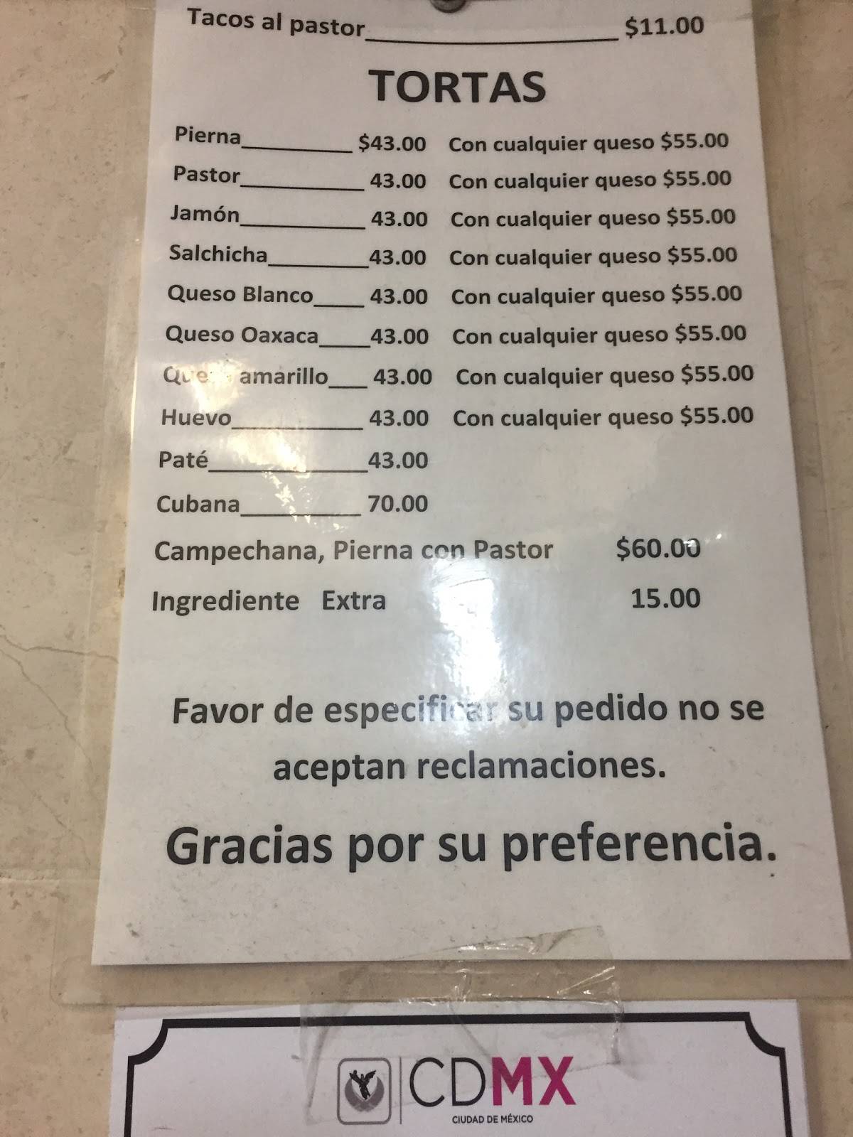 Carta de parrilla Tortas El Paisa, Ciudad de México, La Coruña 302