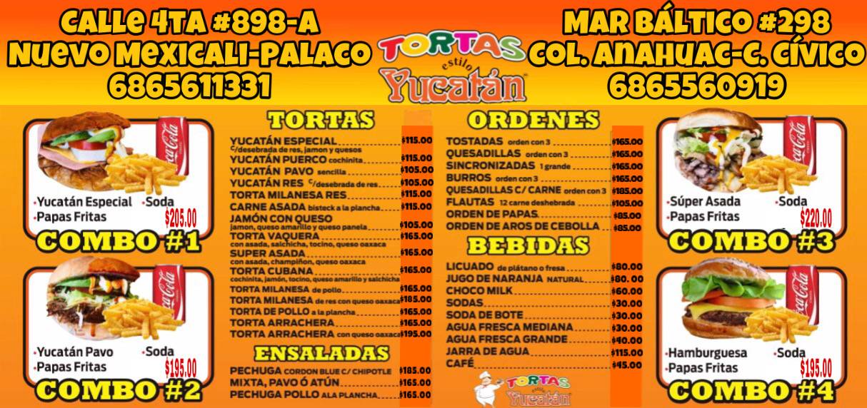 Carta del restaurante Tortas Estilo Yucatán - Calle Cuarta, Mexicali, C ...