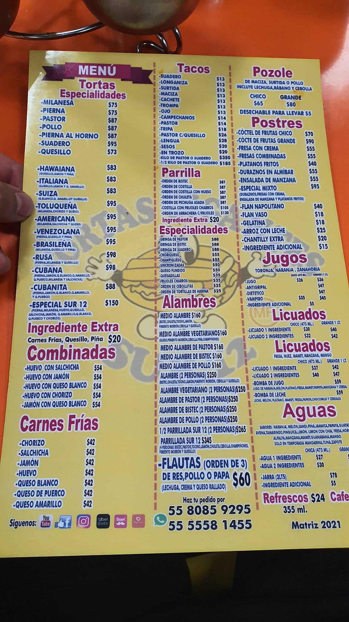 Carta del restaurante Tortas Gigantes Sur 12, Ciudad del México, Av Sur ...