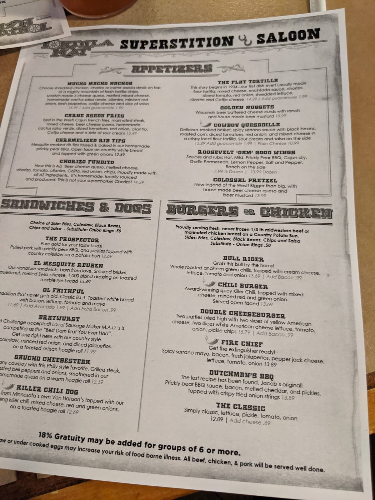 Menu at Tortilla Flat Saloon restaurant, Tortilla Flat, 1 Main Street