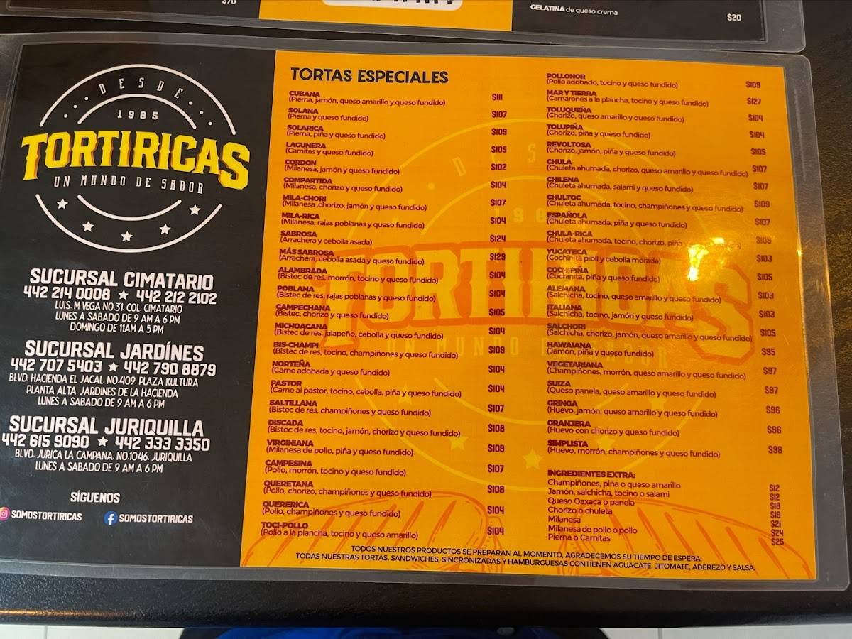 Carta del restaurante Tortirricas, Juriquilla