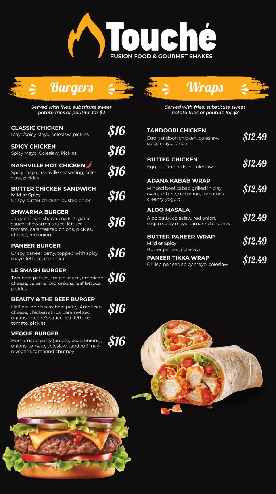 Menu at Touché - Fusion Food & Gourmet Shakes restaurant, Sydney