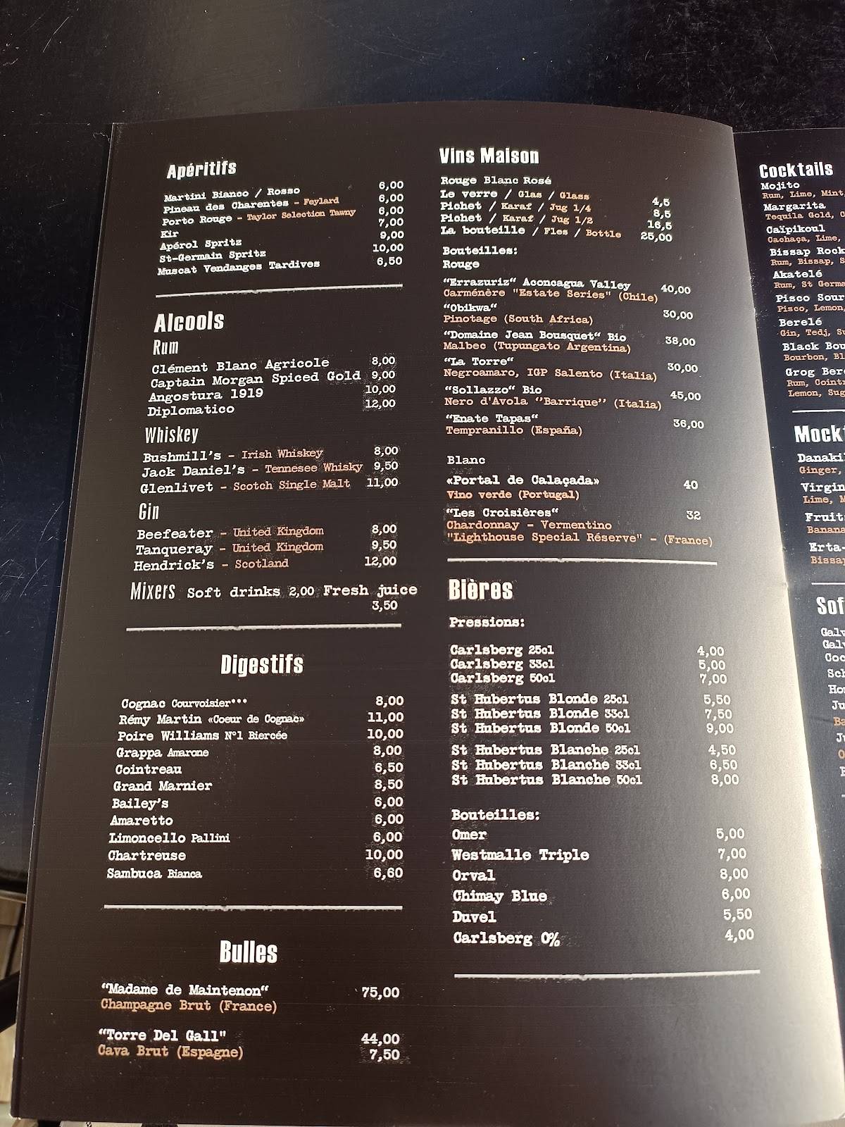 Menu au Toukoul, Bruxelles, Rue de Laeken 34