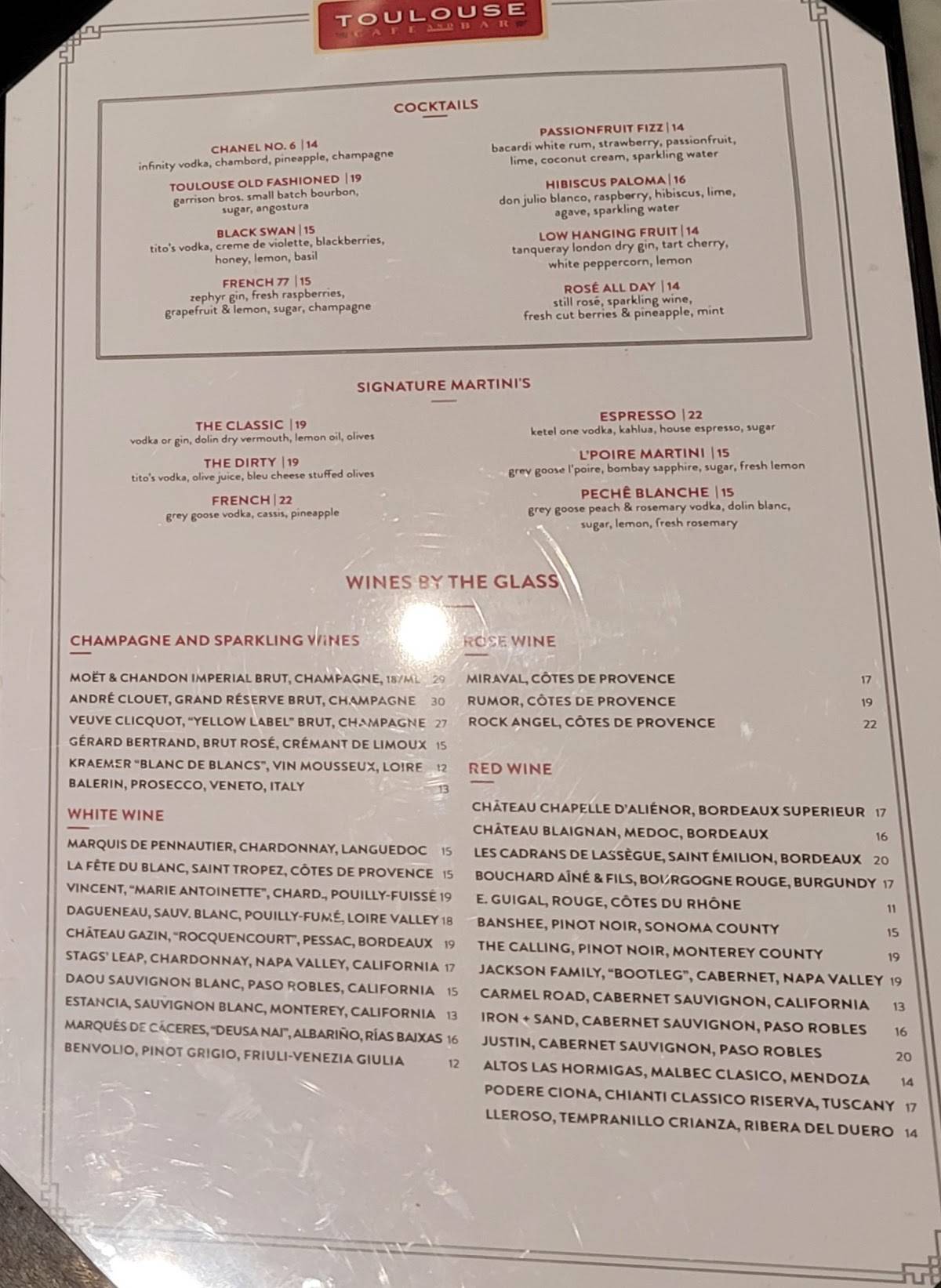 Menu at Toulouse Cafe and Bar River Oaks, Houston, Westheimer Rd Ste E 100