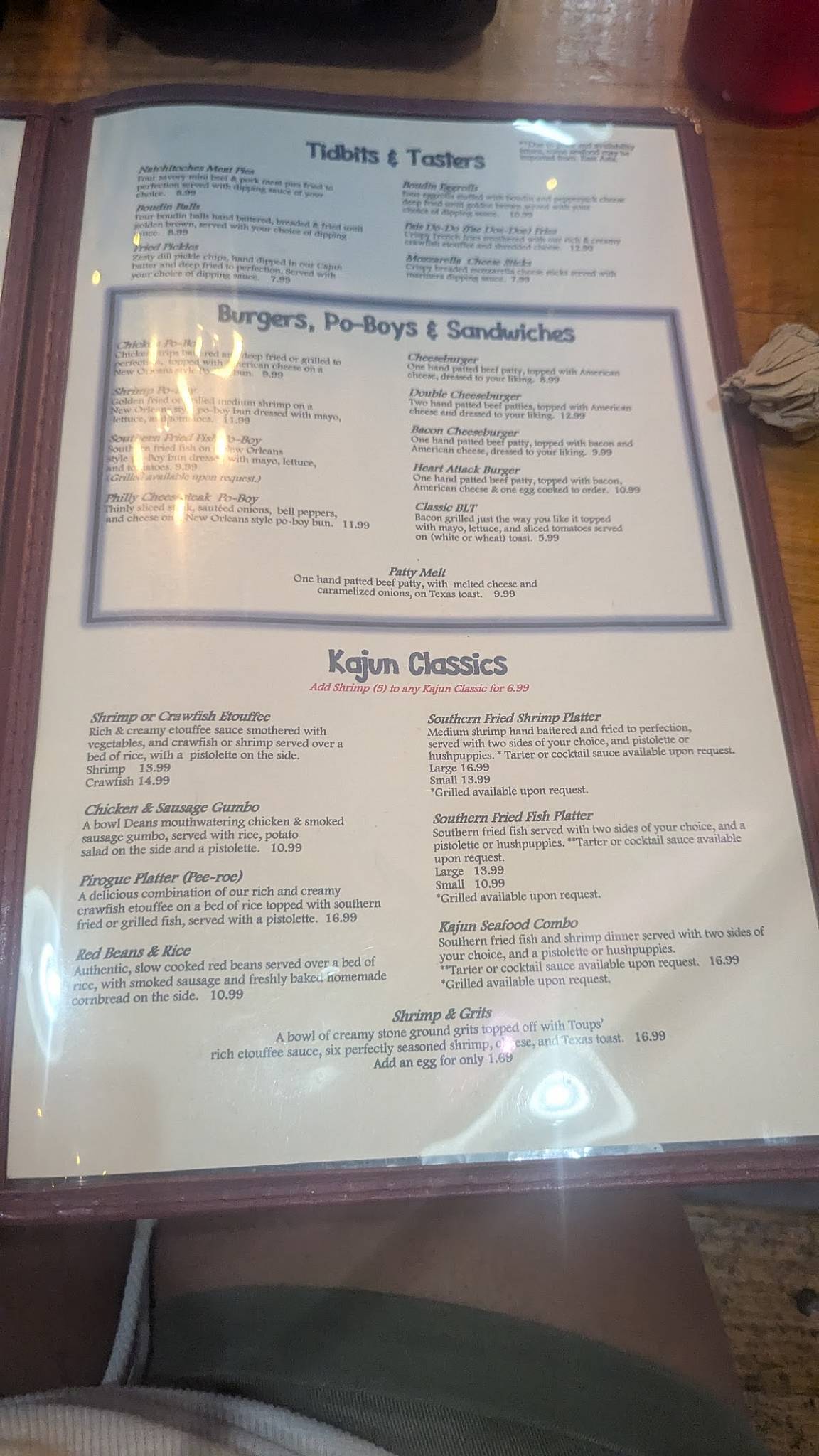 Menu at Toups' Kajun Kitchen restaurant, Leesville
