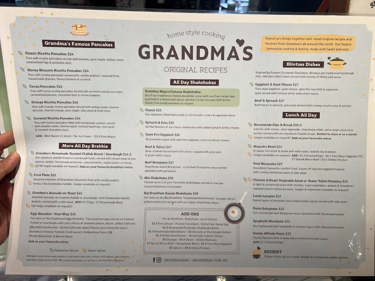 Menu at Grandma's cafe, North Ward