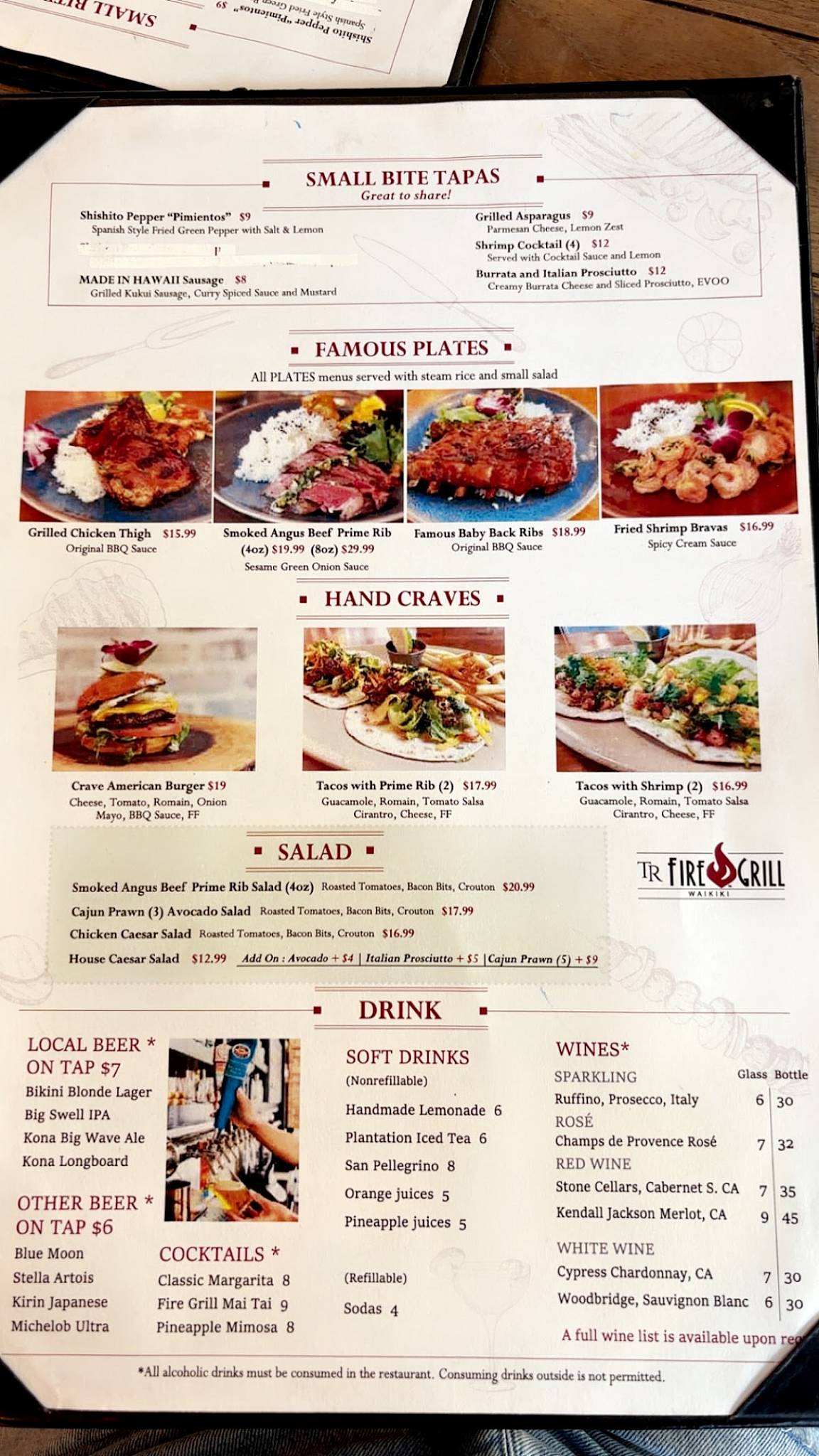 Menu at Tr Fire Grill Waikiki restaurant, Honolulu