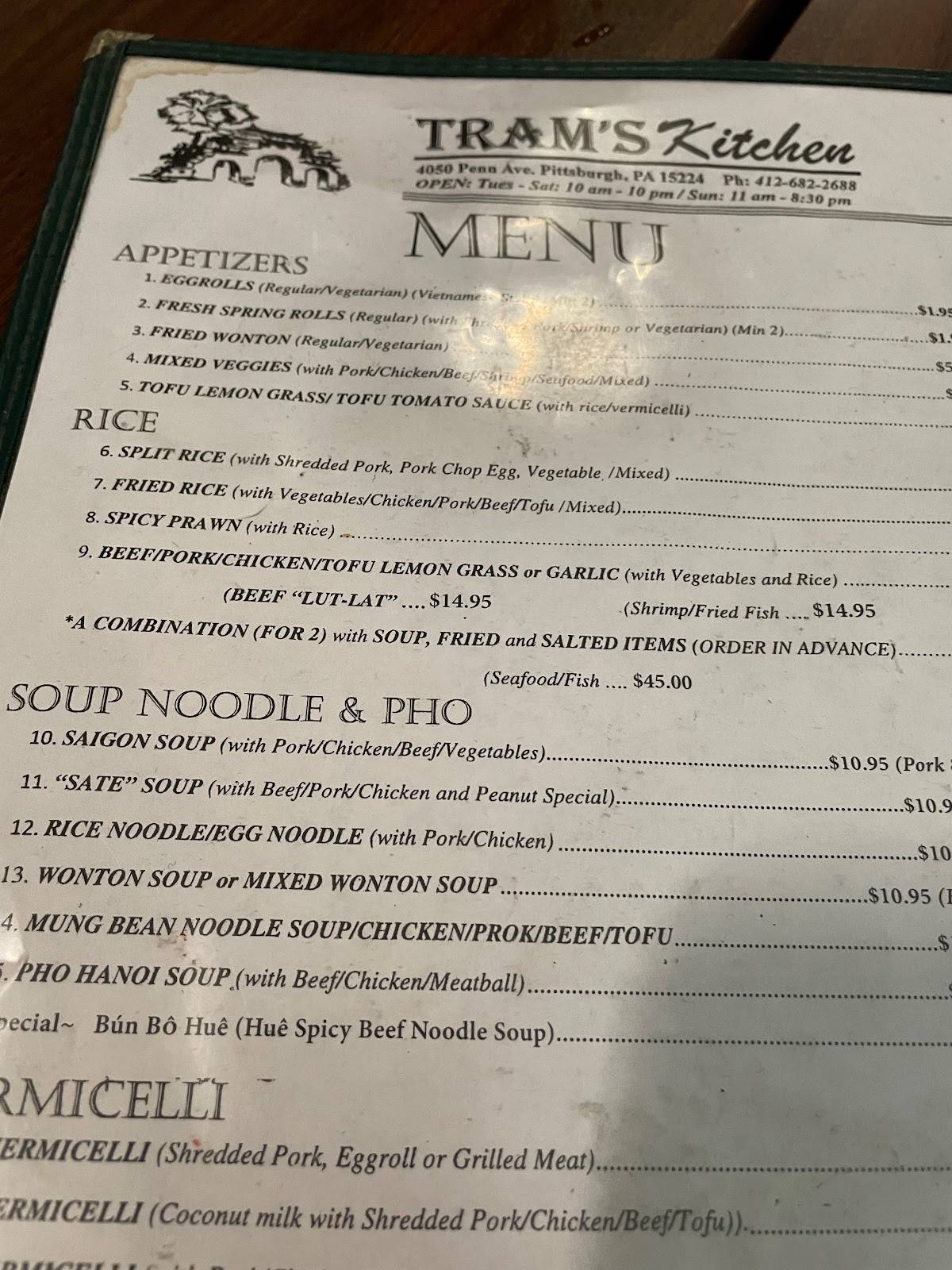 Menu at Tram's Kitchen restaurant, Pittsburgh