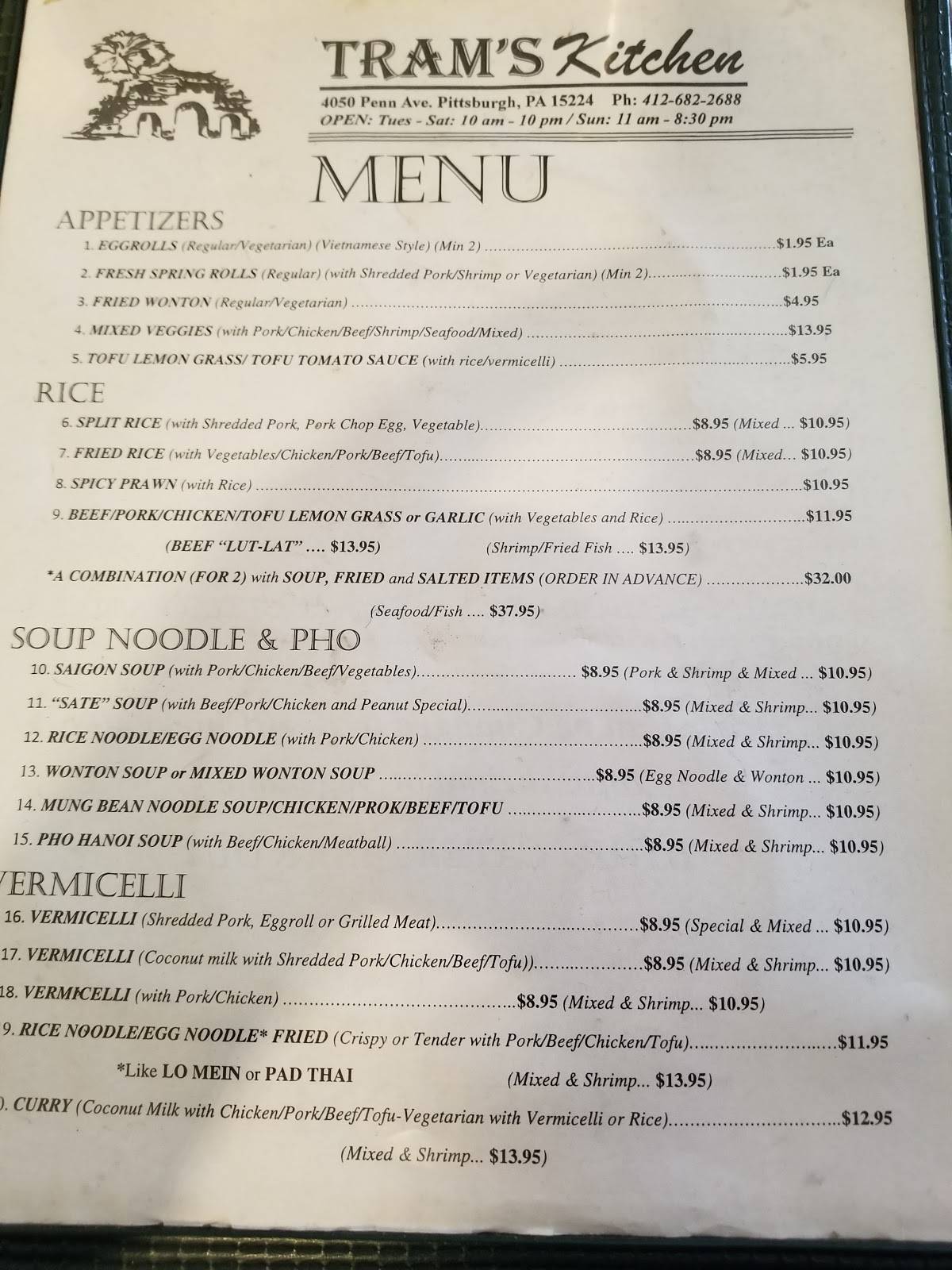 Menu at Tram's Kitchen restaurant, Pittsburgh