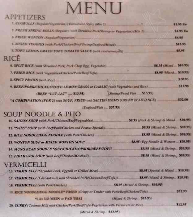 Menu at Tram's Kitchen restaurant, Pittsburgh