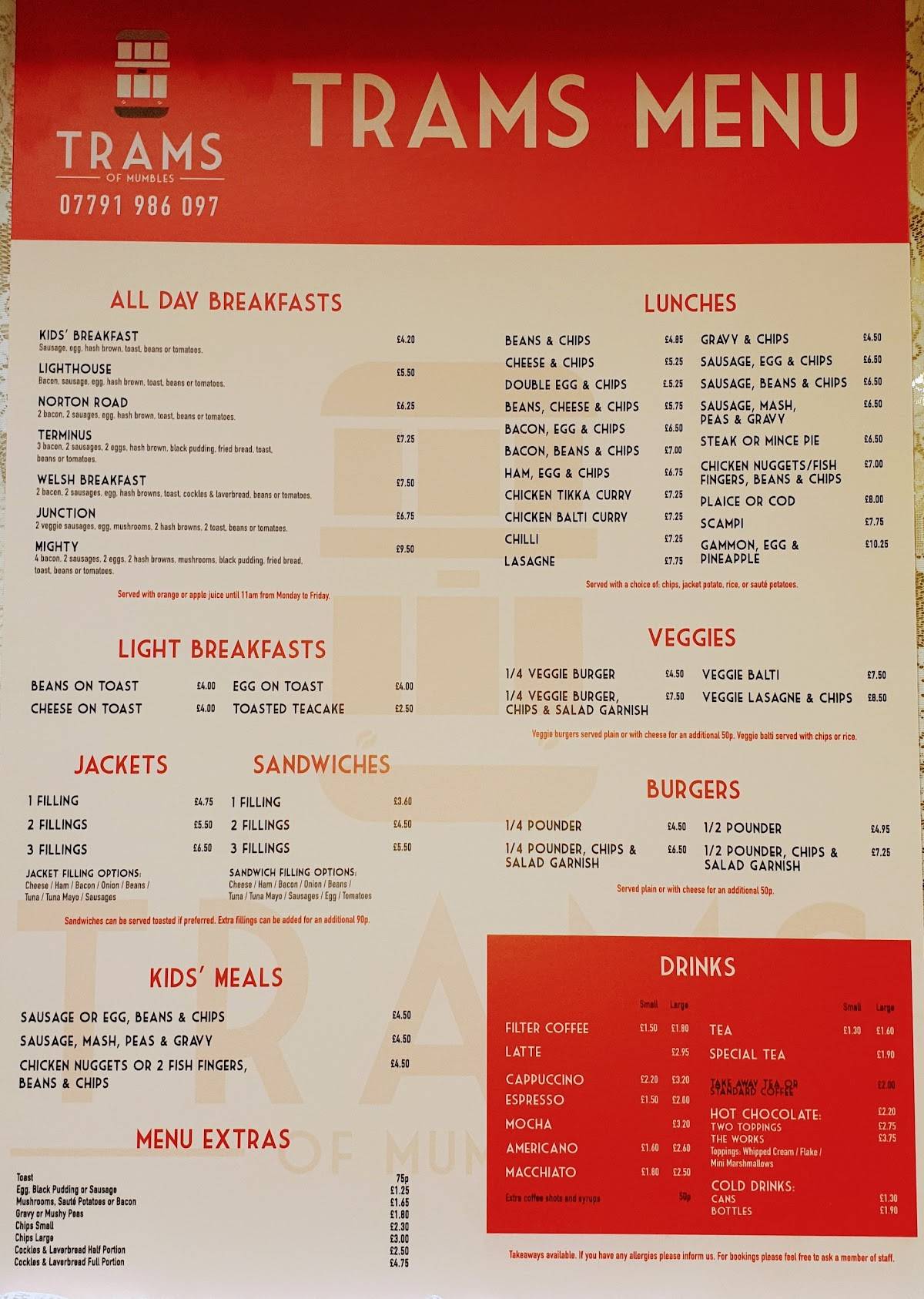 Menu at Trams @ mumbles cafe, The Mumbles