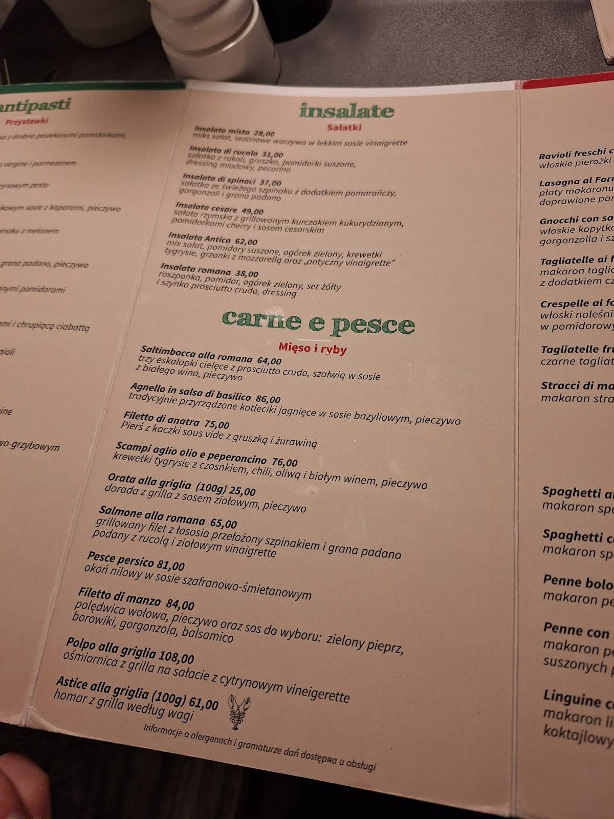 Menu at Trattoria Antica restaurant, Opole