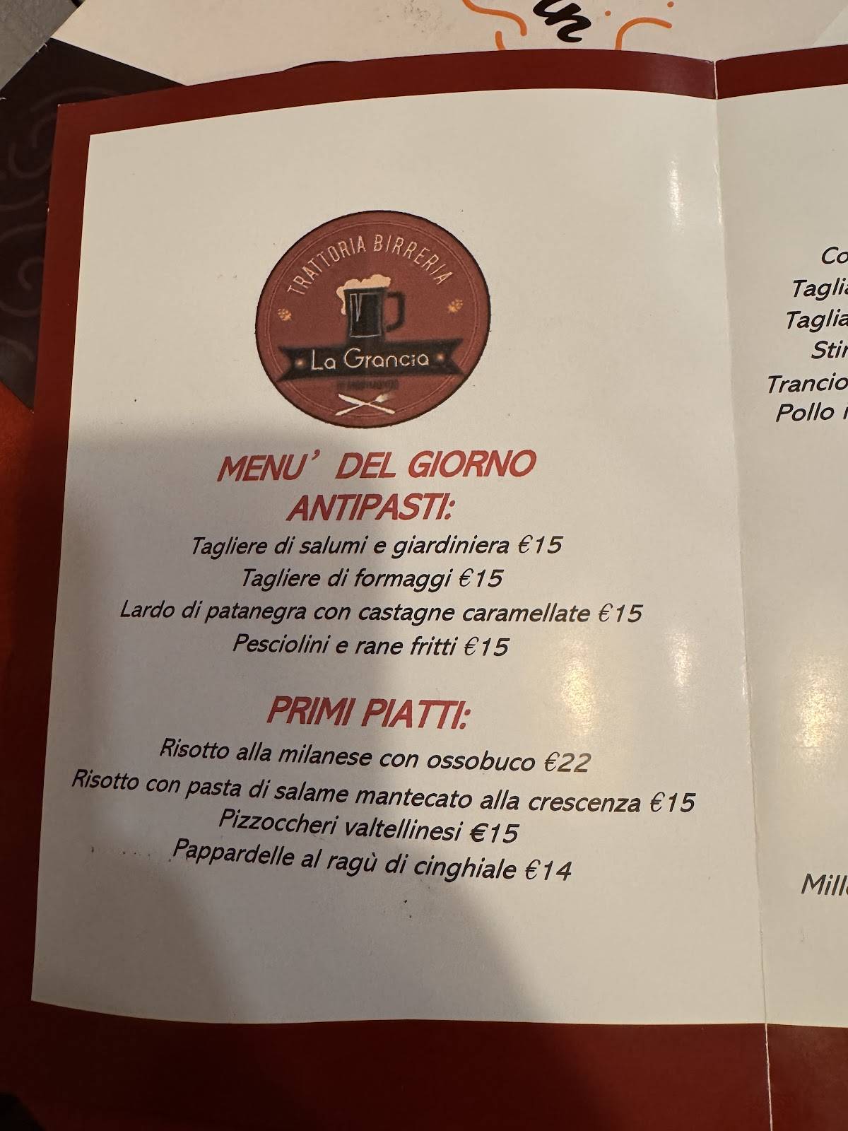 Menu da La Grancia ristorante, Morimondo