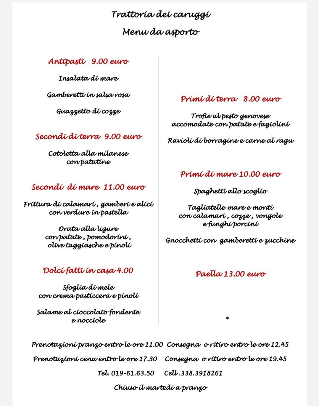 Menu da Trattoria dei caruggi ristorante, Pietra Ligure