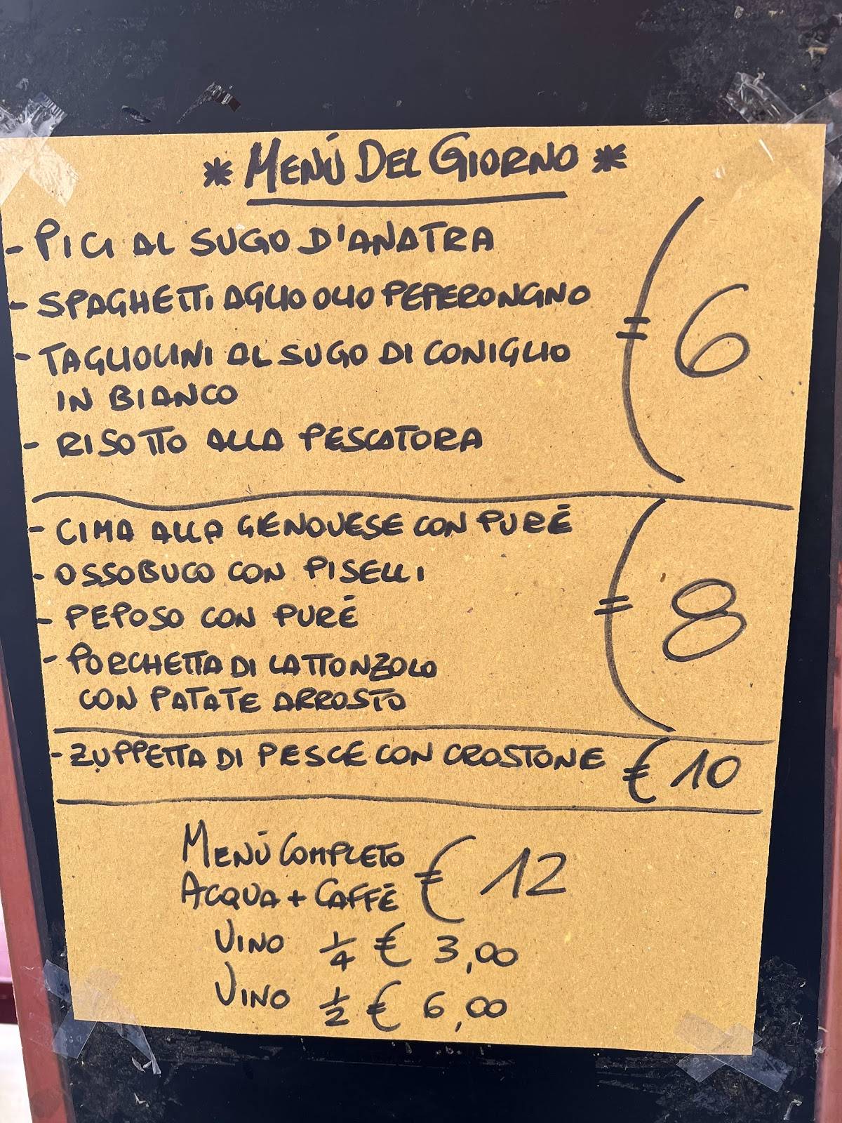 Menu at Trattoria Dell'Orto restaurant, Florence, Via dell'Orto