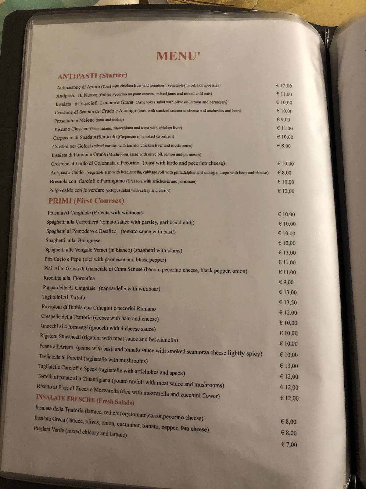 Menu at Trattoria Dell'Orto restaurant, Florence, Via dell'Orto