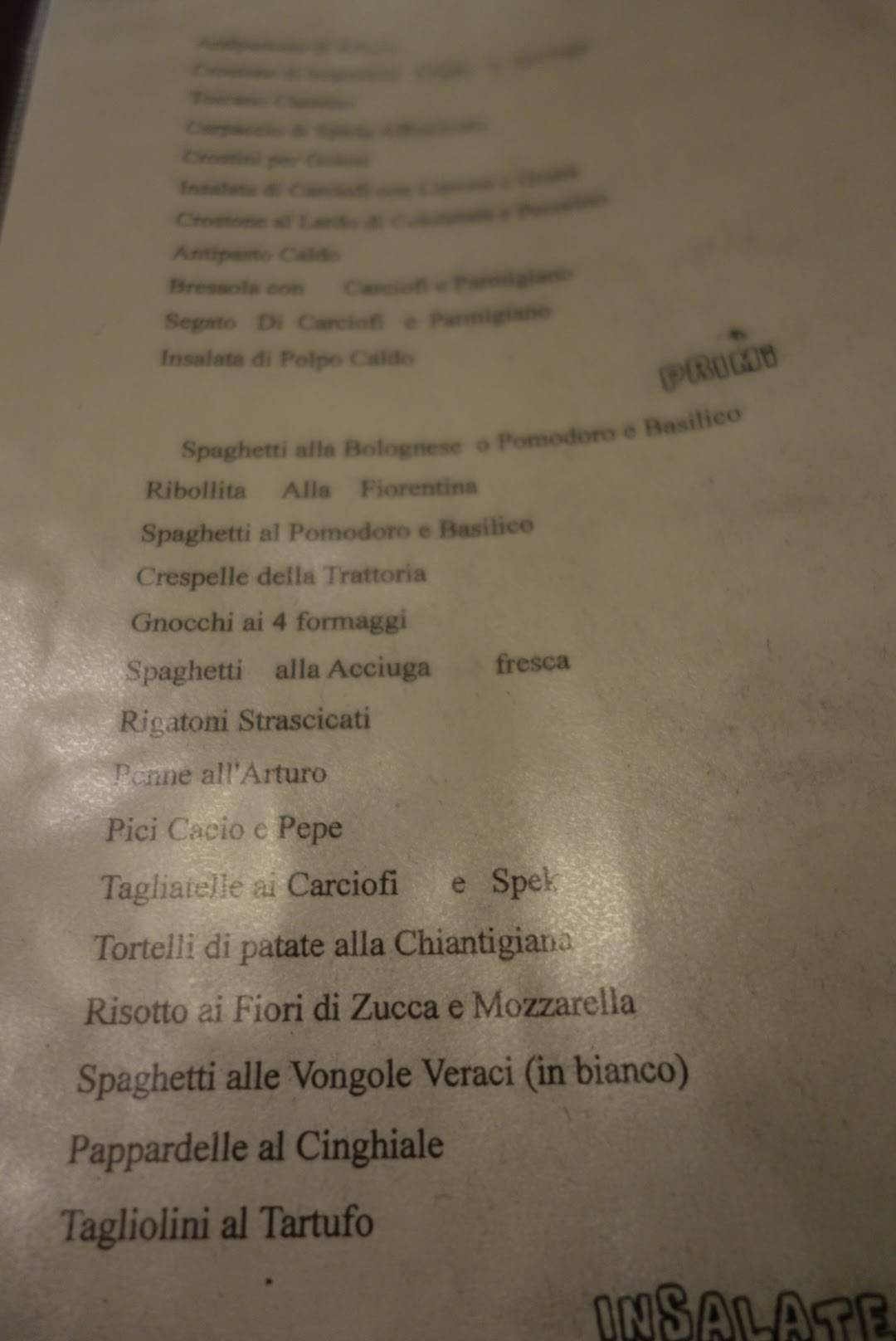 Menu at Trattoria Dell'Orto restaurant, Florence, Via dell'Orto