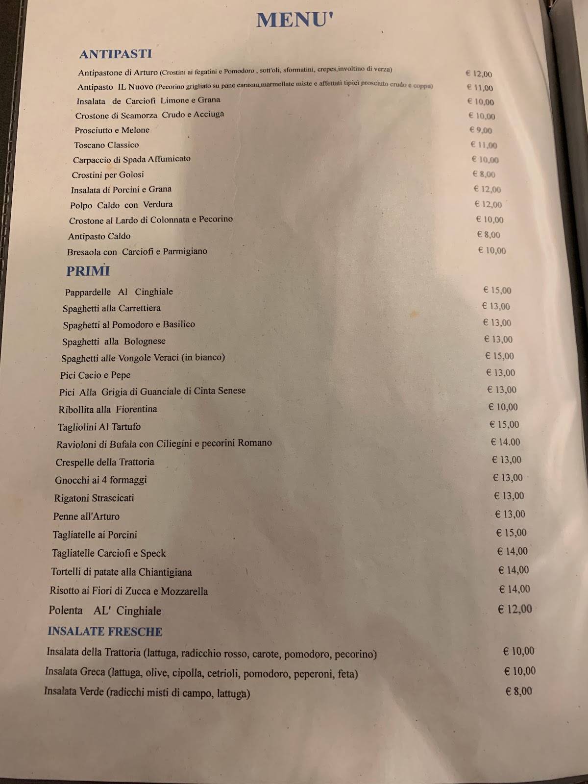 Menu at Trattoria Dell'Orto restaurant, Florence, Via dell'Orto