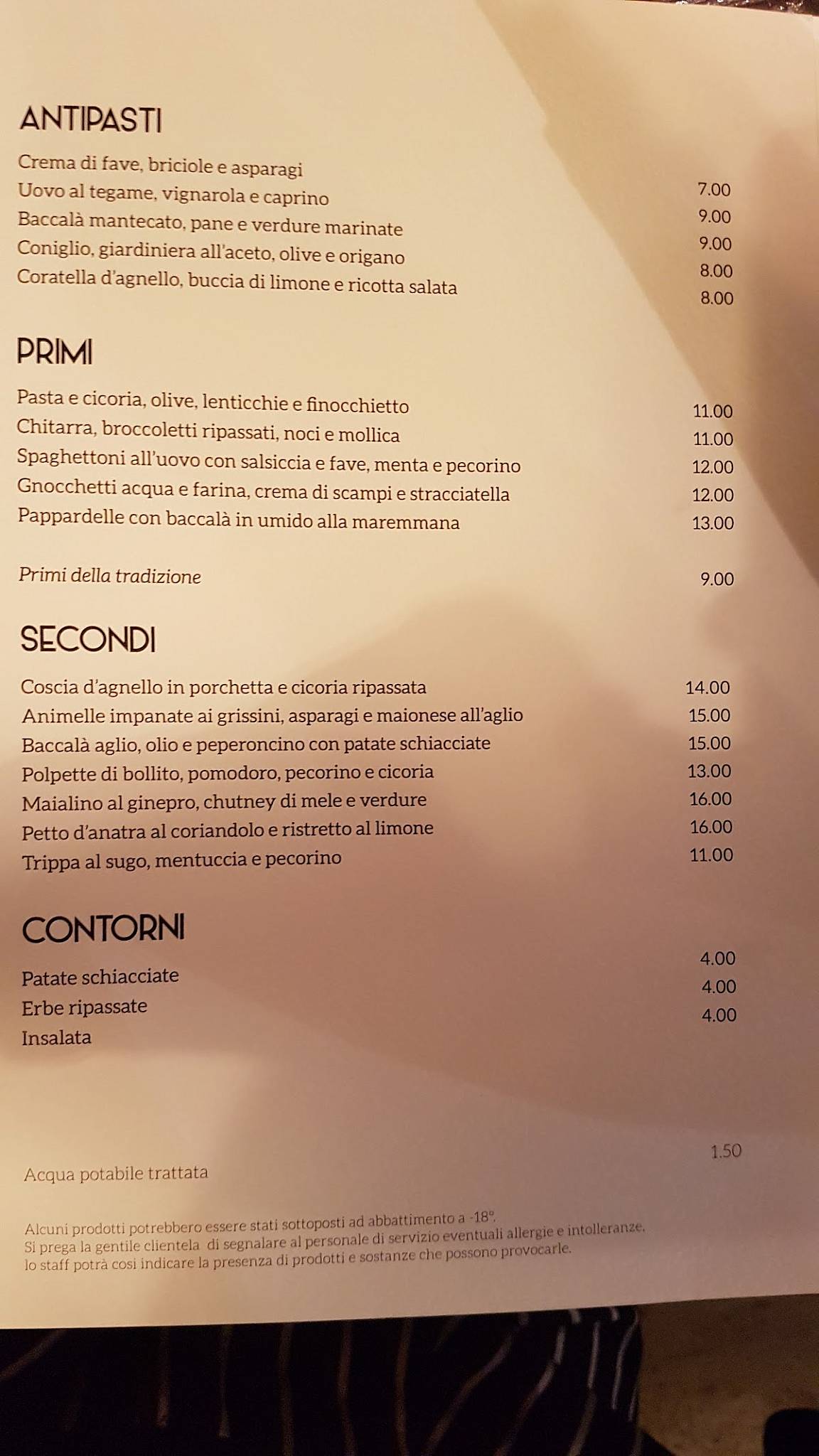 Menu at Trattoria Pennestri restaurant, Rome