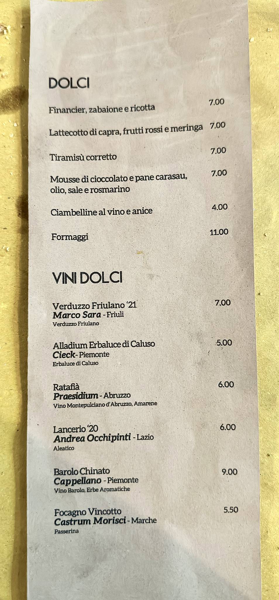 Menu at Trattoria Pennestri restaurant, Rome