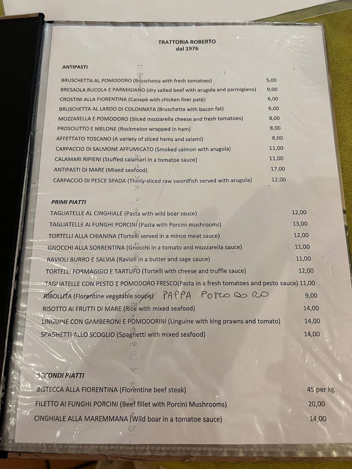 Menu at Trattoria Roberto restaurant, Florence