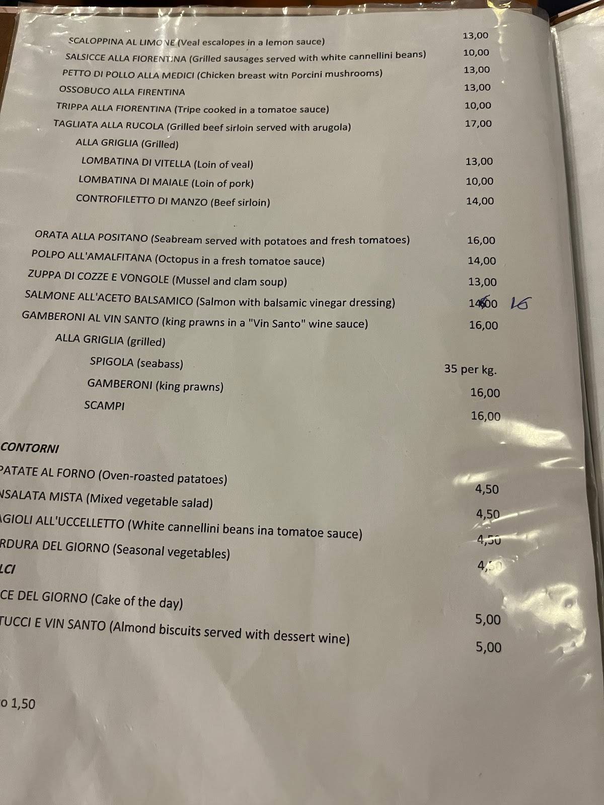 Menu at Trattoria Roberto restaurant, Florence