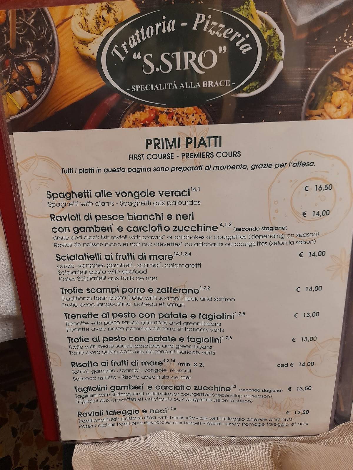 Menu at Trattoria San Siro restaurant, Santa Margherita Ligure
