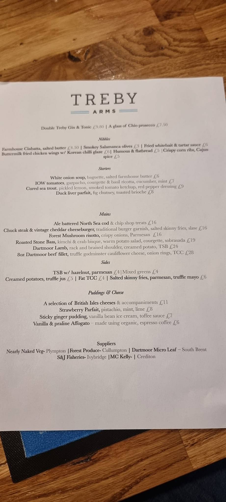 Menu at Treby Arms restaurant, Plymouth