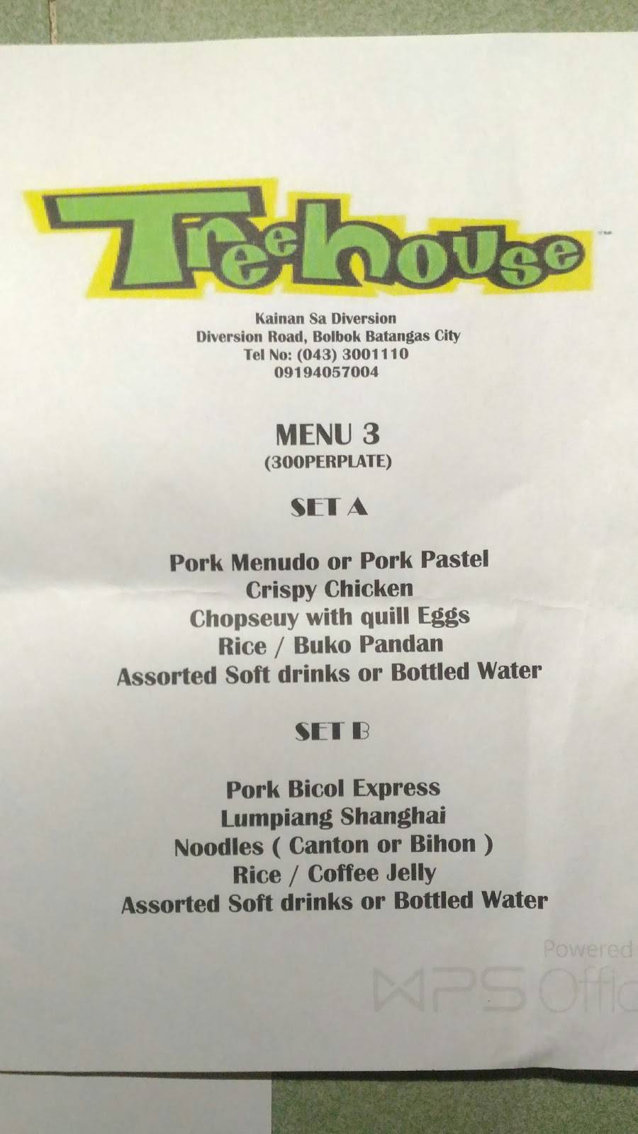 Menu at Tree House restaurant, Batangas
