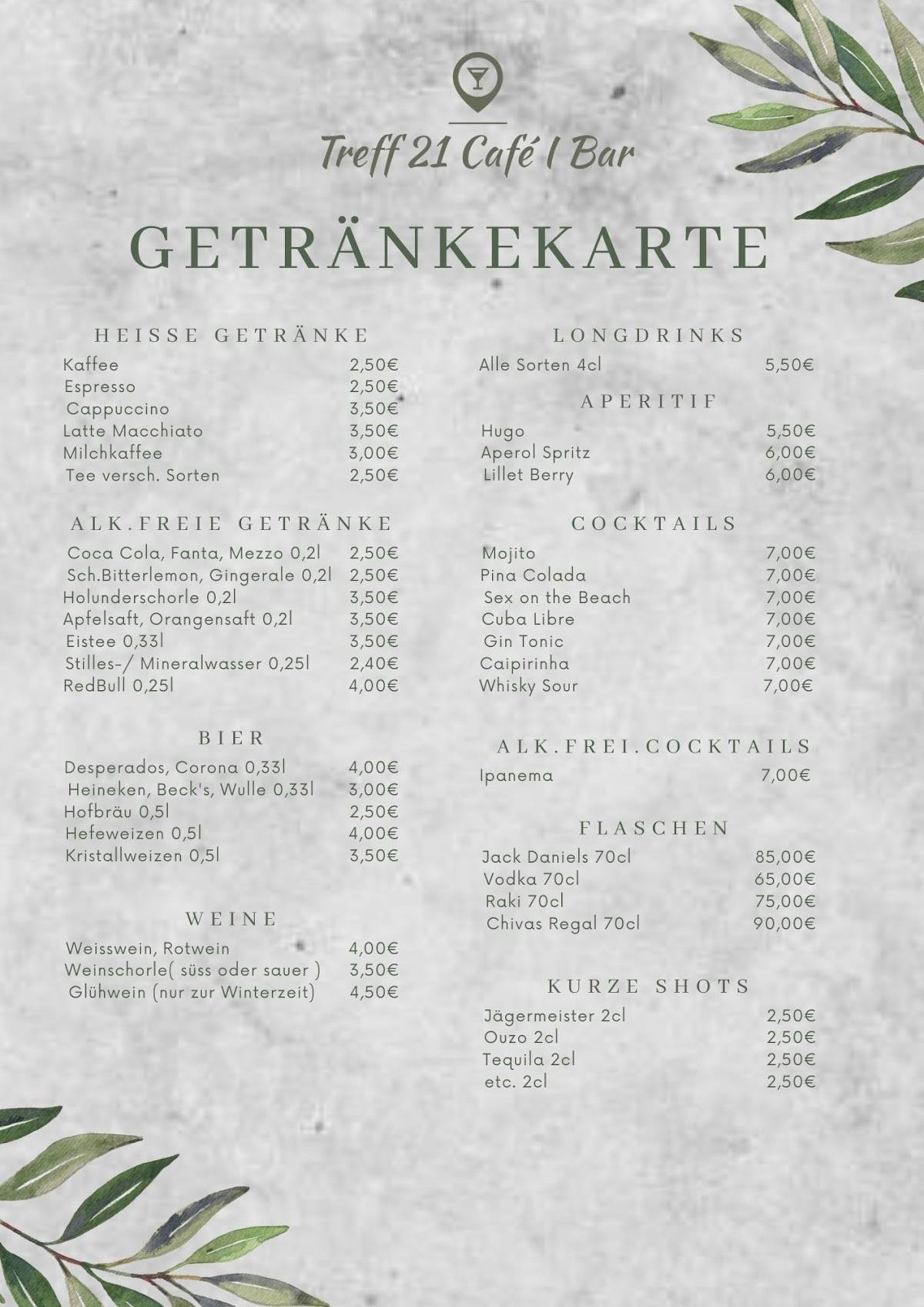 Speisekarte von Treff 21 TwentyOne Cafe & Bar Ludwigsburg, Ludwigsburg