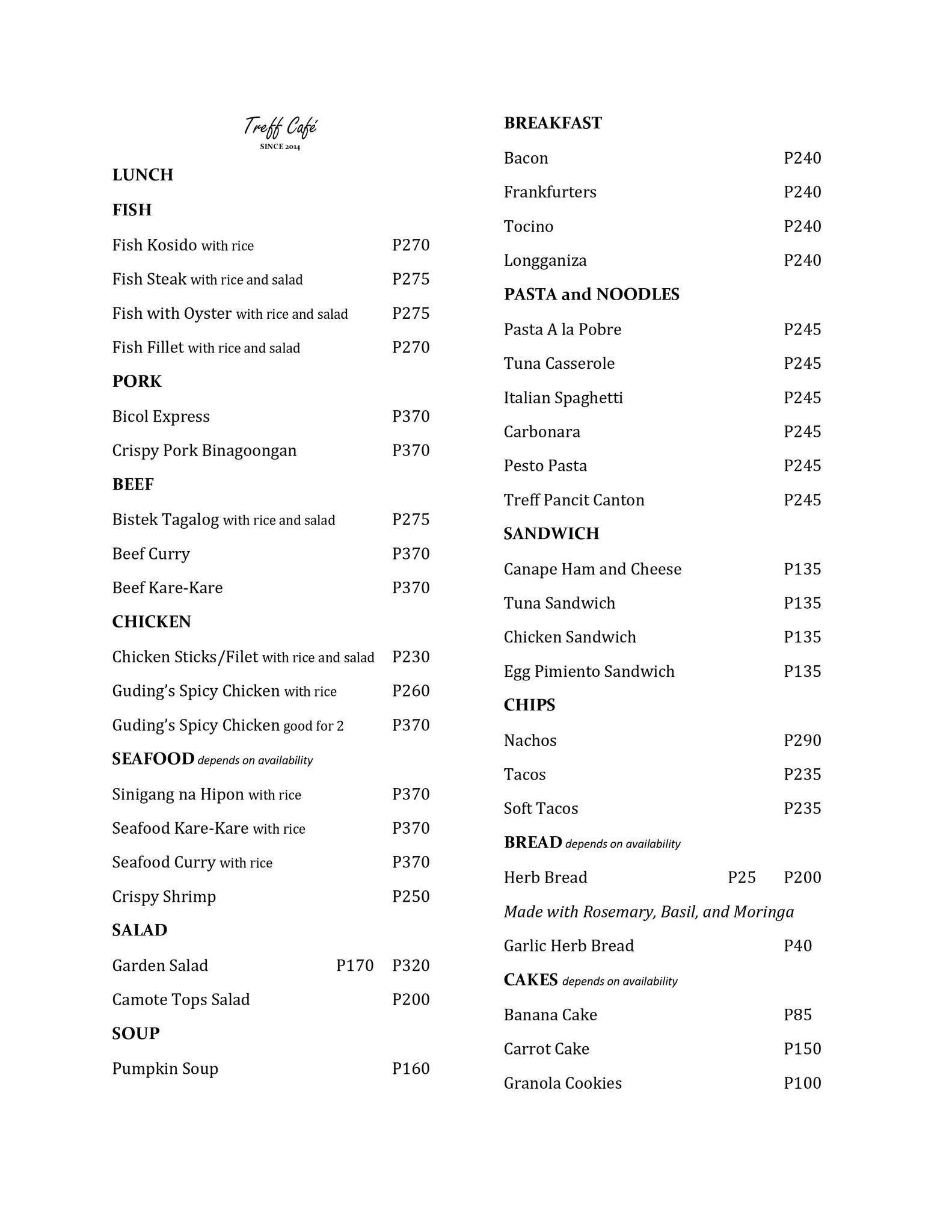 Menu at Treff Café cafe, Legazpi City, 4PWX+4HH