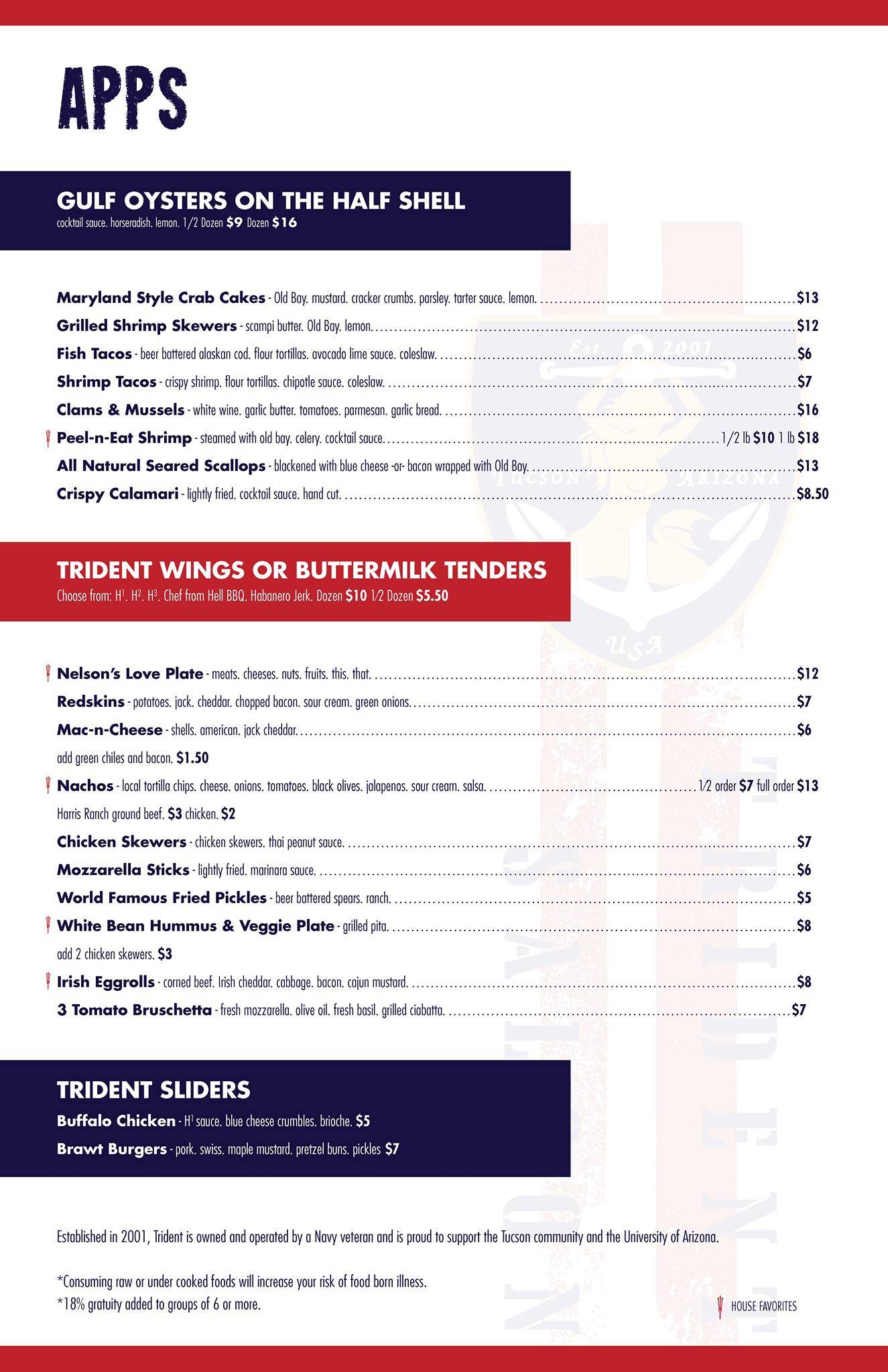 Menu at Trident Grill pub & bar, Tucson, E Speedway Blvd