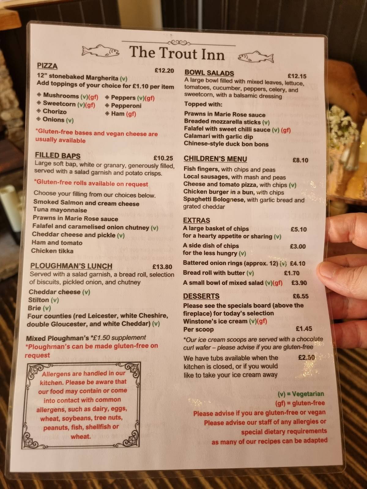 Menu at Trout Inn pub & bar, Lechlade, Road