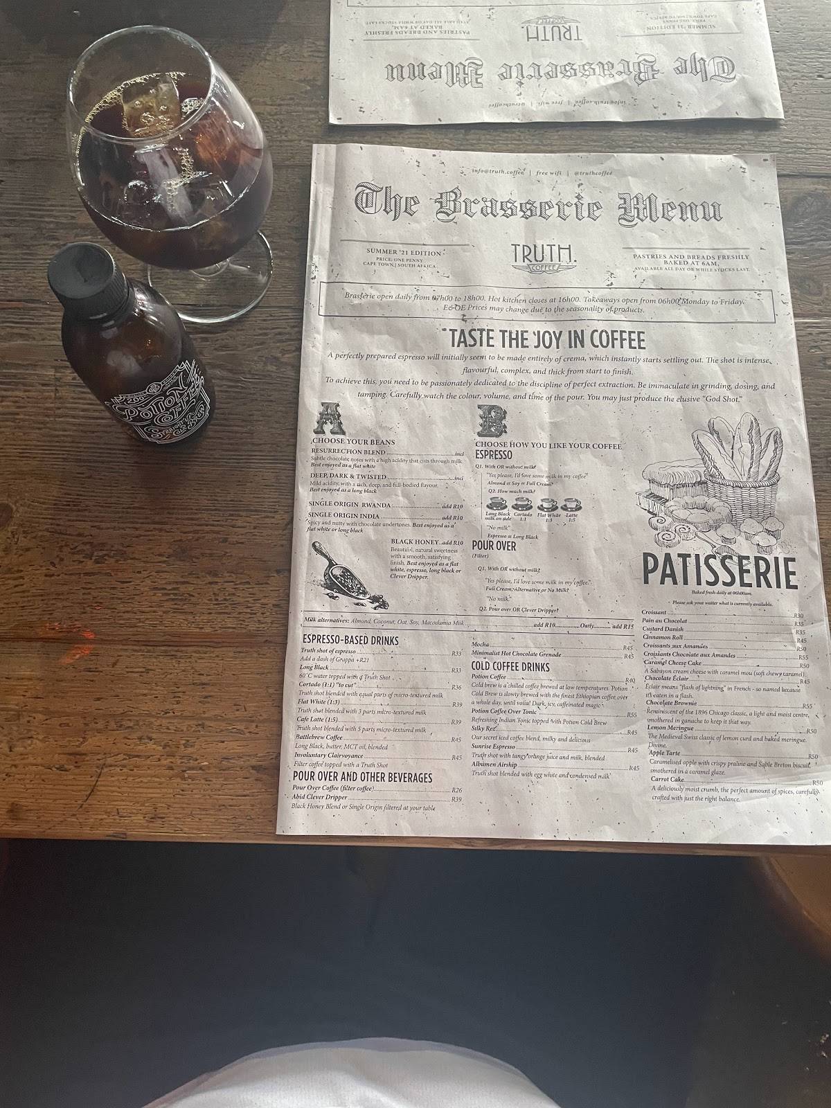 Menu at Truth Coffee Roasting cafe, Cape Town, 36 Buitenkant St